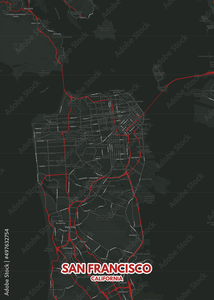 Poster San Francisco - California map. Road map. Illustration of San ...