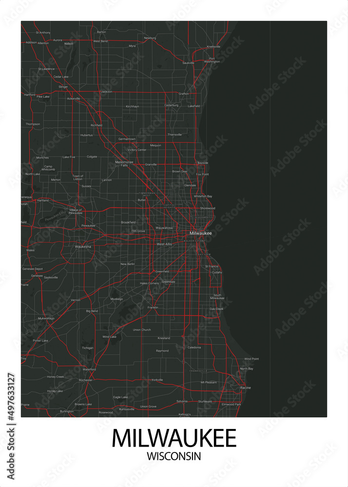 Poster Milwaukee - Wisconsin map. Road map. Illustration of Milwaukee ...
