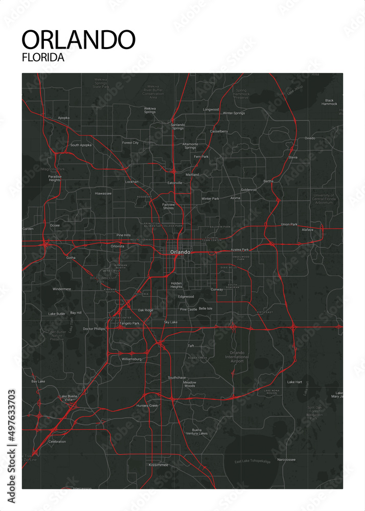 Poster Orlando - Florida map. Road map. Illustration of Orlando ...
