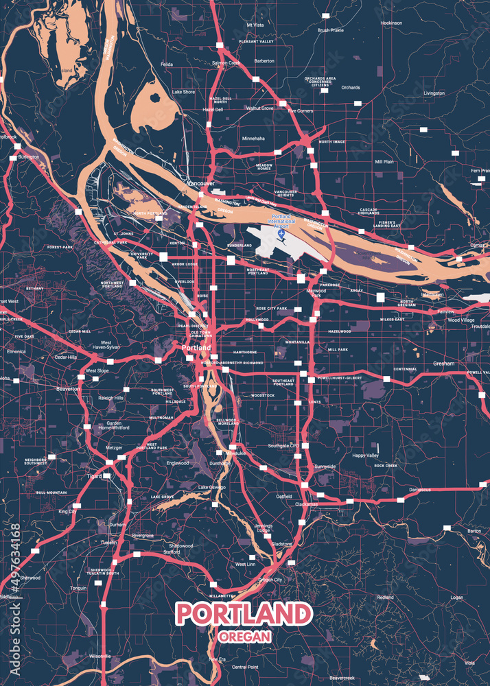 Poster Portland - Oregan map. Road map. Illustration of Portland ...