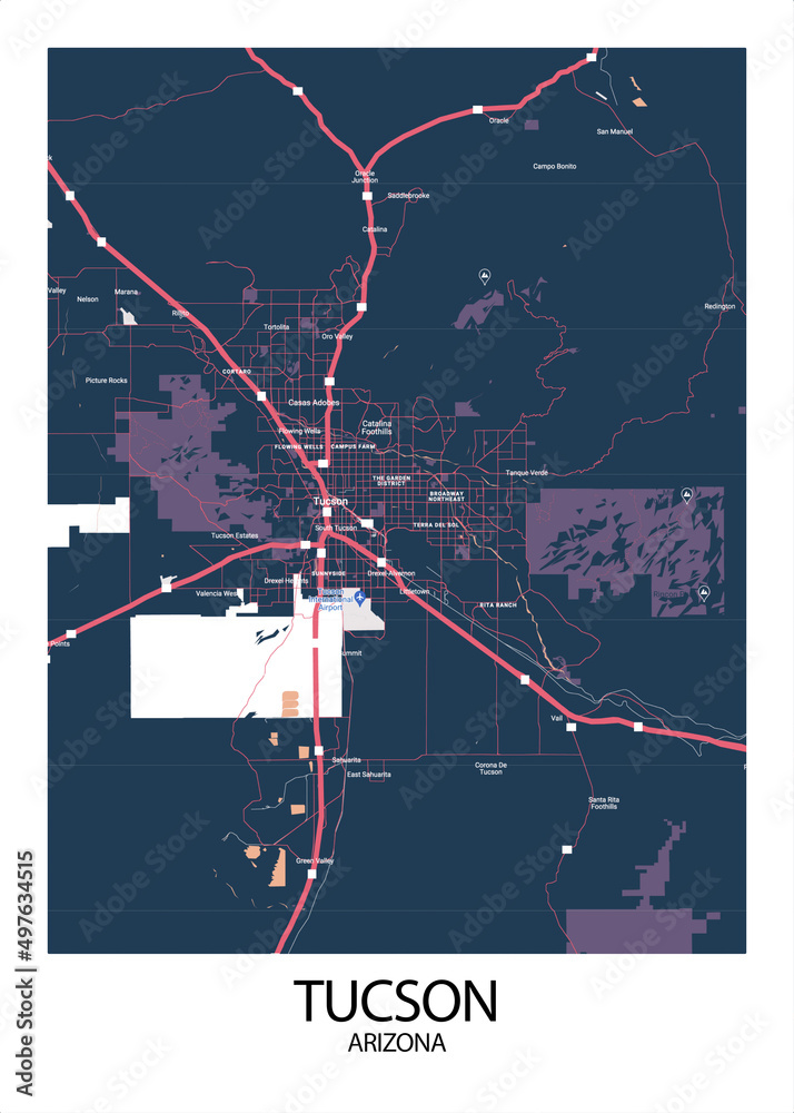 Poster Tucson - Arizona map. Road map. Illustration of Tucson - Arizona ...