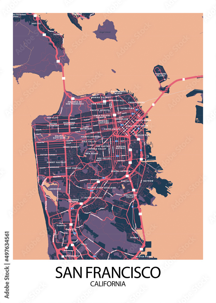 Poster San Francisco - California map. Road map. Illustration of San ...