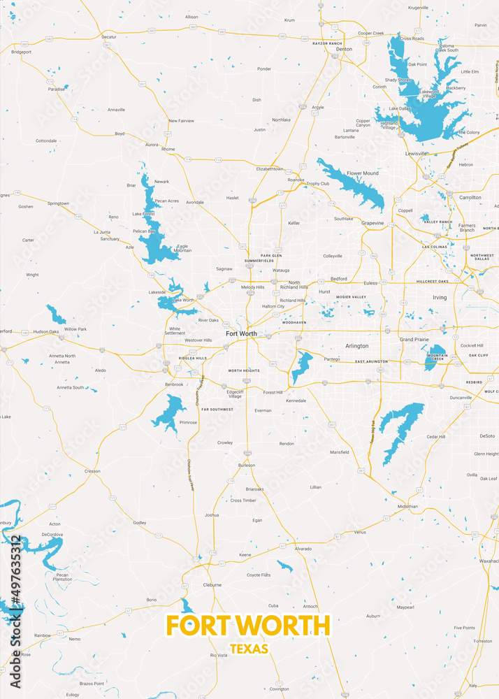 Poster Fort Worth - Texas map. Road map. Illustration of Fort Worth ...