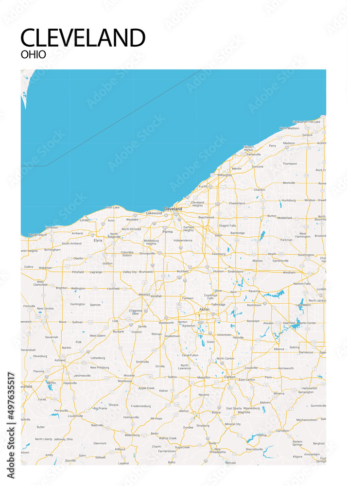 Poster Cleveland - Ohio map. Road map. Illustration of Cleveland - Ohio ...