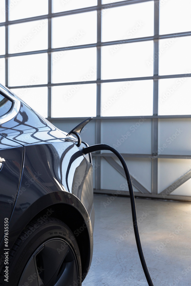 Rear end of Electric car charging with cord Stock Photo | Adobe Stock