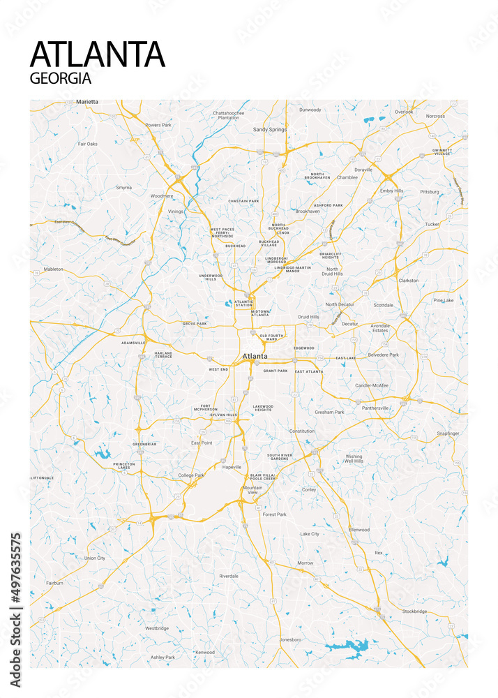 Poster Atlanta - Georgia map. Road map. Illustration of Atlanta ...