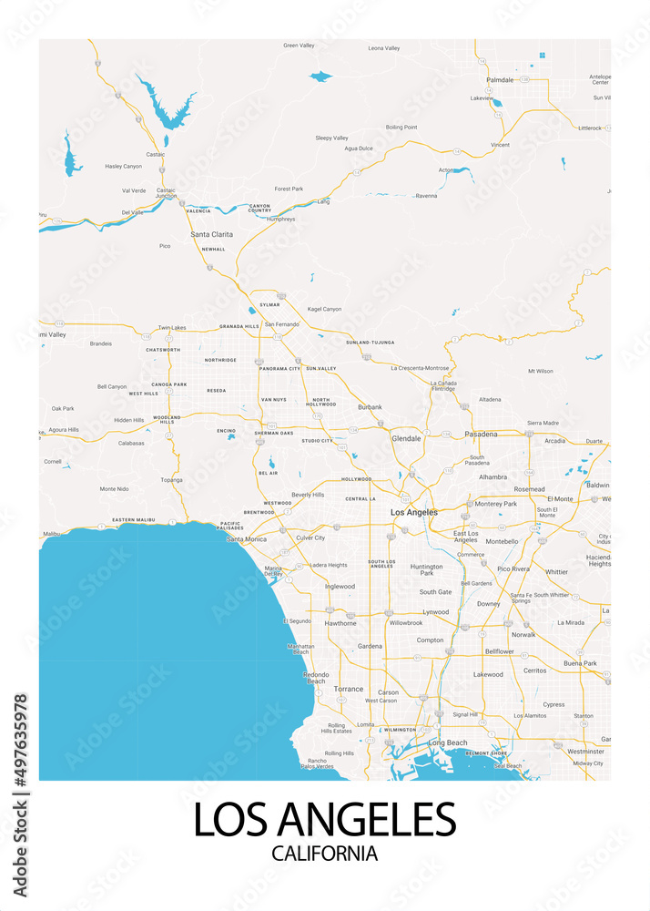 Poster Los Angeles - California map. Road map. Illustration of Los ...
