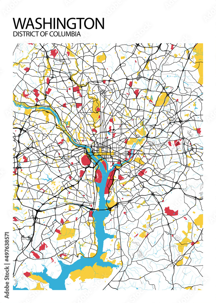 Poster Washington - District of Columbia map. Road map. Illustration of ...