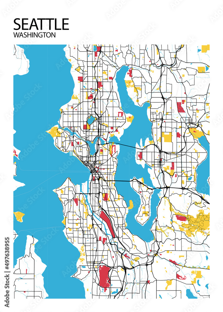 Poster Seattle - Washington map. Road map. Illustration of Seattle ...
