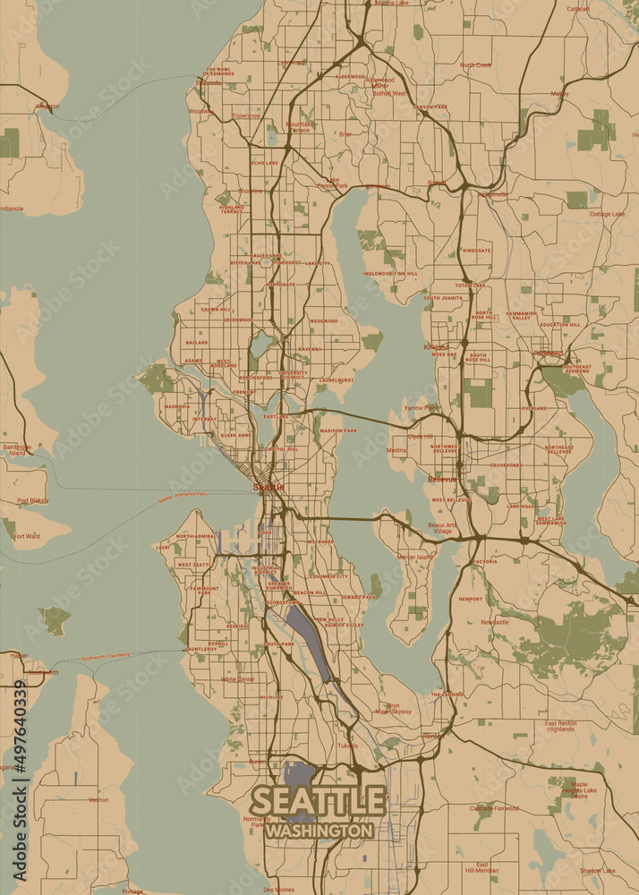 Fototapeta mapa świata dla dzieci Poster Seattle - Washington map. Road ...