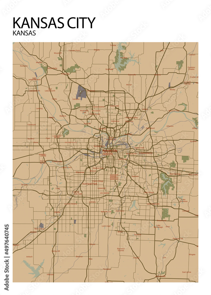 Poster Kansas City - Kansas map. Road map. Illustration of Kansas City ...