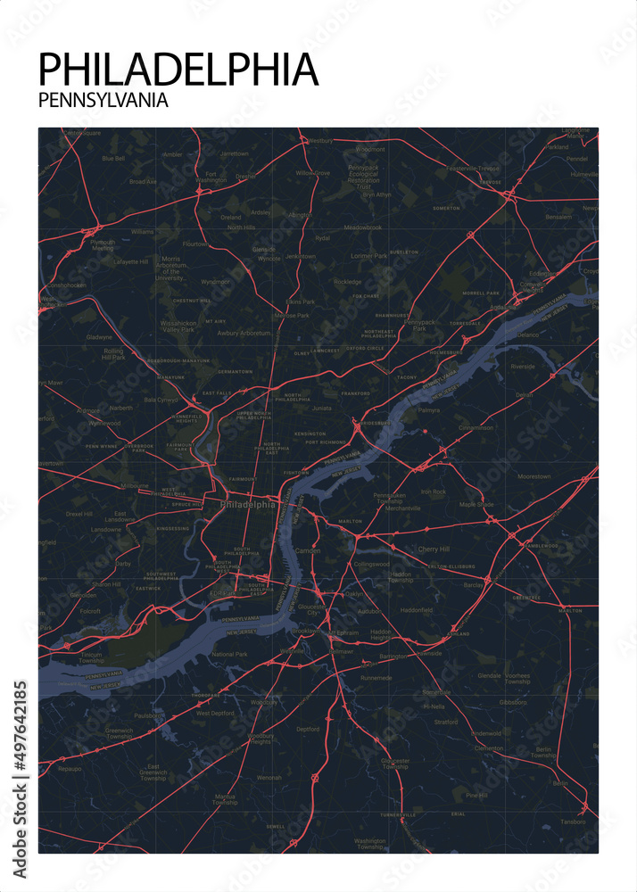 Poster Philadelphia - Pennsylvania map. Road map. Illustration of ...
