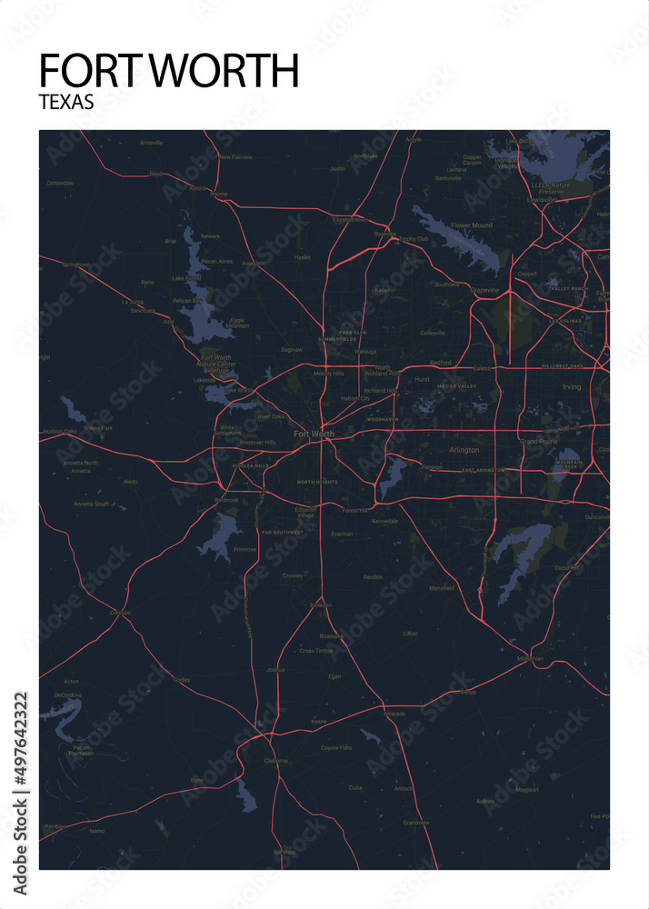 Poster Fort Worth - Texas map. Road map. Illustration of Fort Worth ...