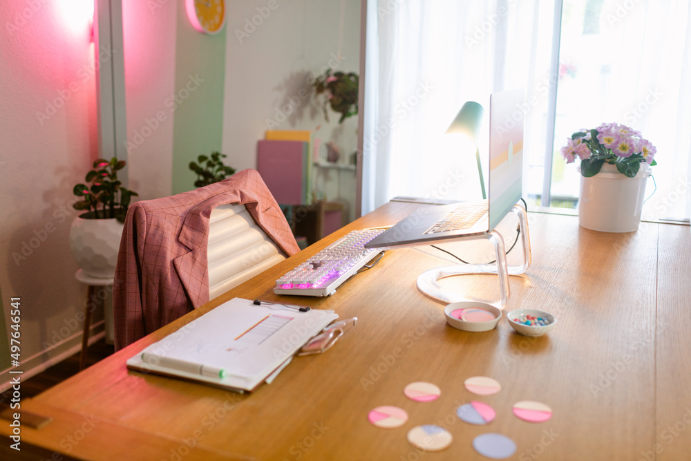 Girly workspace with led lights effect Stock Photo | Adobe Stock