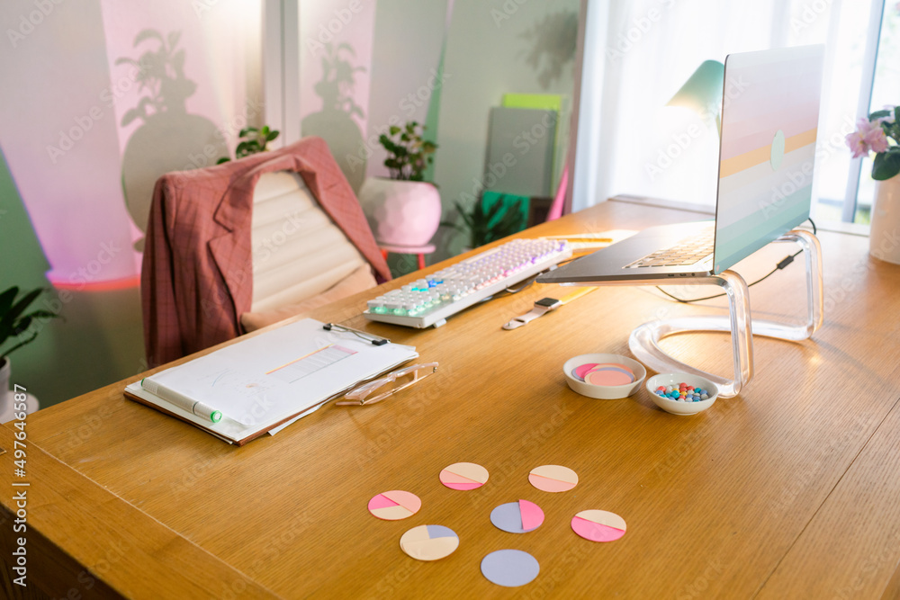 Girly workspace with led lights effect Stock Photo | Adobe Stock