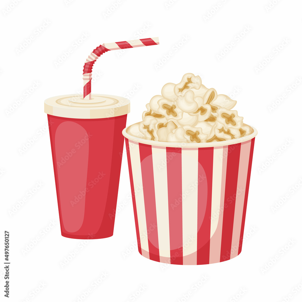 Popcorn and carbonated drink. A big bucket of popcorn and a glass of ...