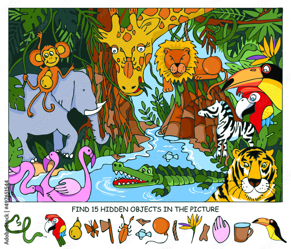 Animals in tropical jungle or rainforest. Find hidden 15 objects in ...