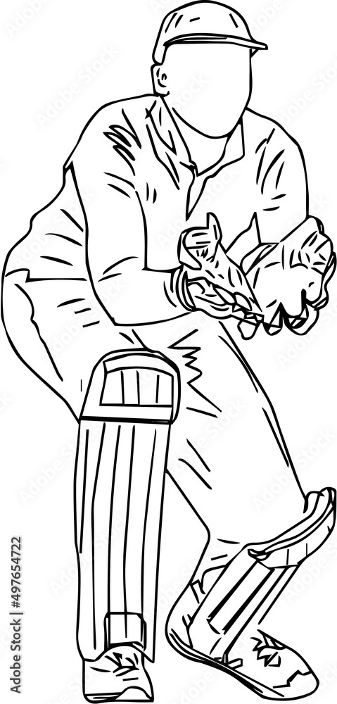Hand drawn outline sketch drawing of cricket wicket keeper, Line art ...