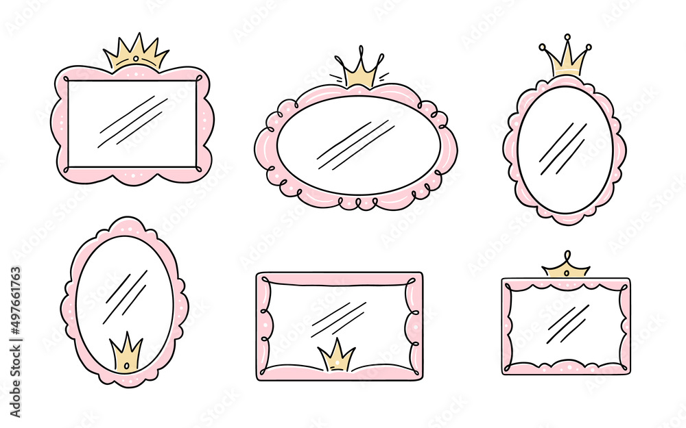 Princess crown mirror frame. Hand drawn doodle mirror with crown for ...
