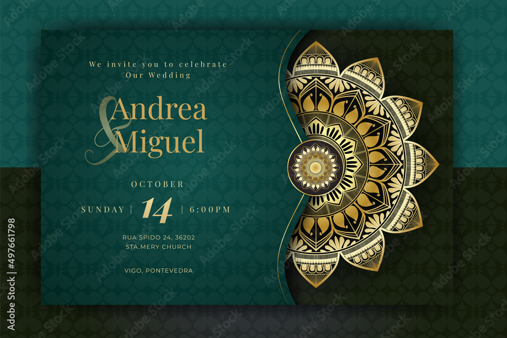 Luxury Mandala Wedding Invitation Card template with golden arabesque ...