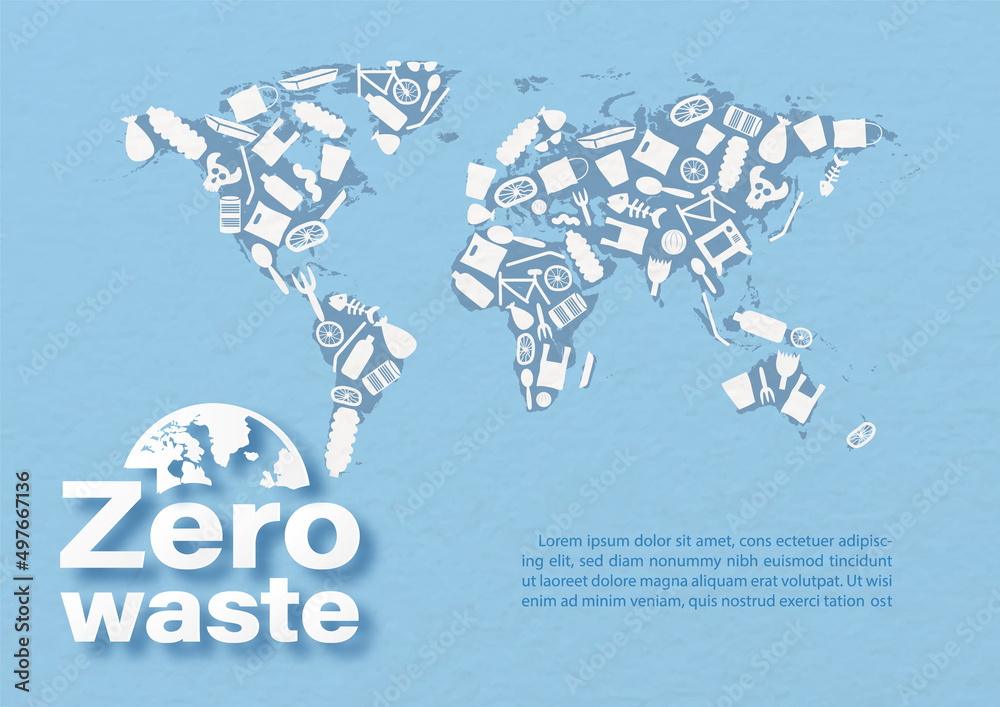 Waste in world map shape with wording about campaign and example texts ...