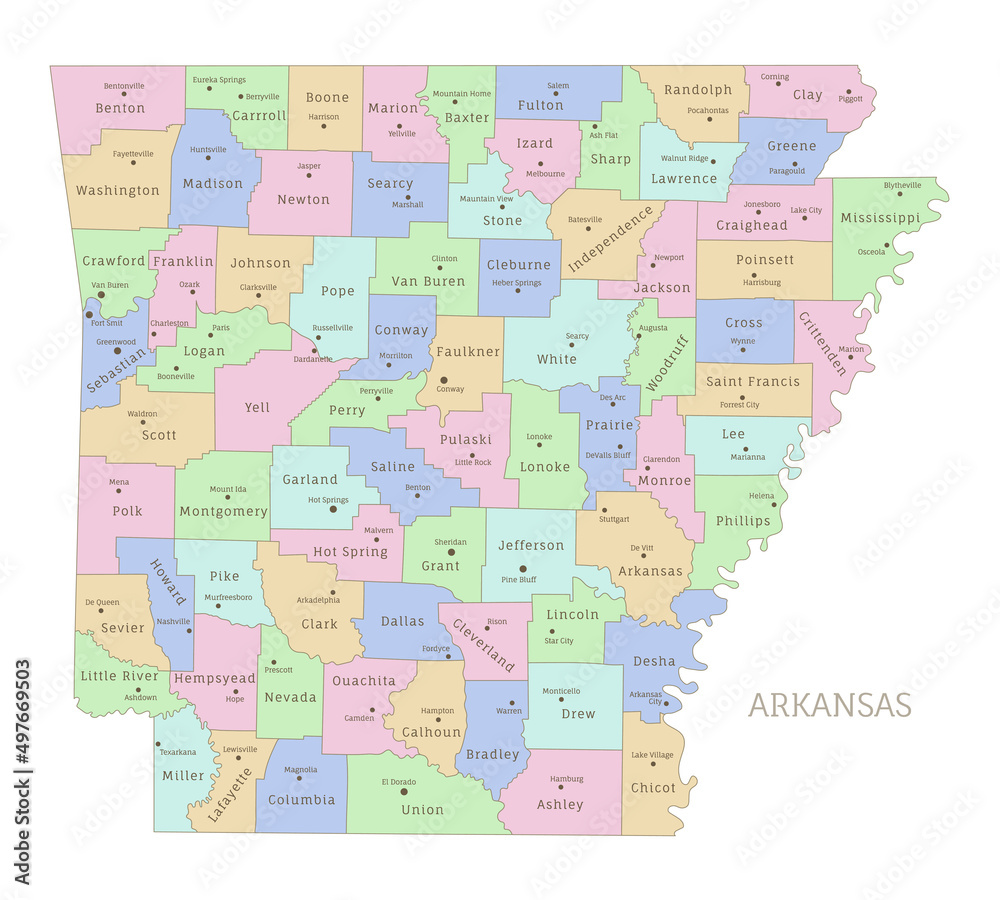 Arkansas US state administrative editable map in colors. Highly ...