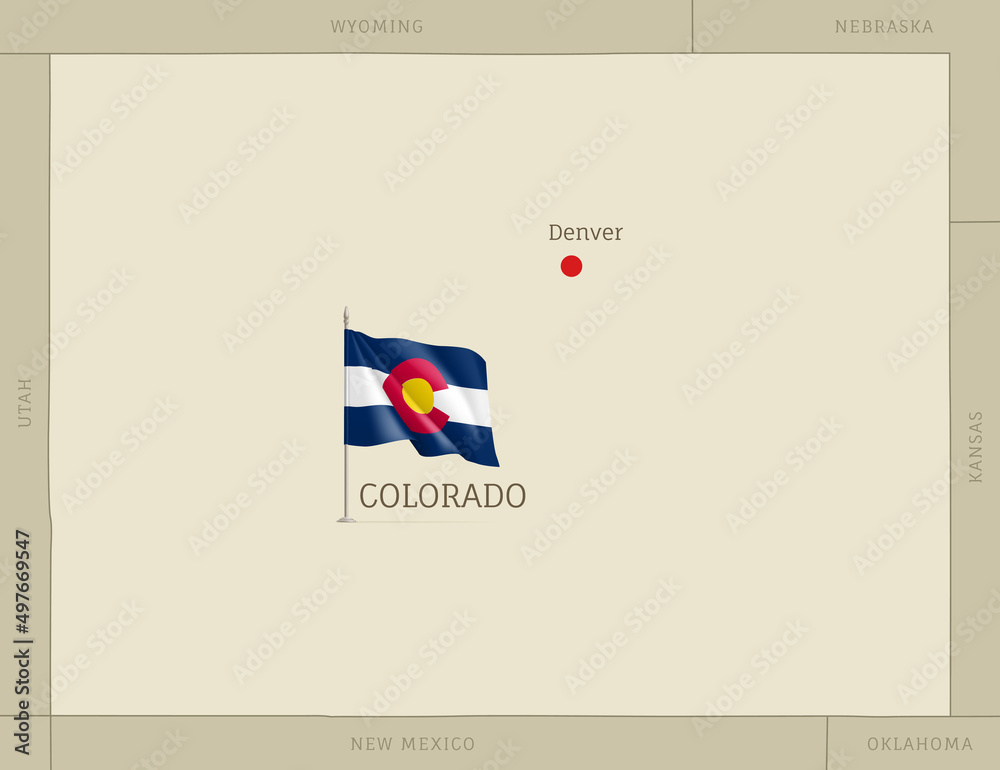 Border map of Colorado US state with waving flag. Highly detailed ...