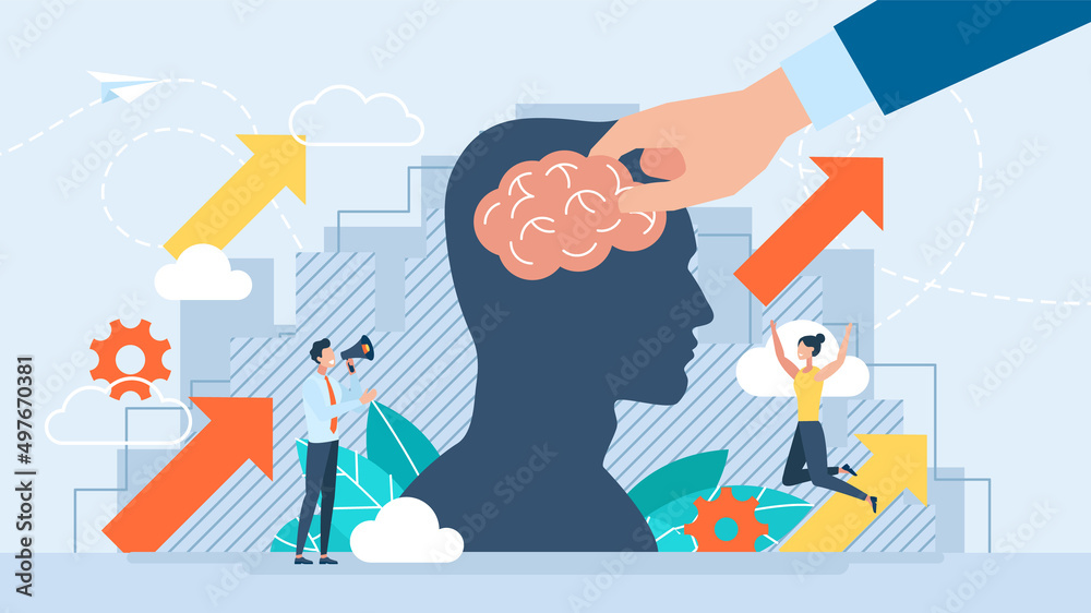 Brainstorming. Happy little characters rejoice in the growth of ...