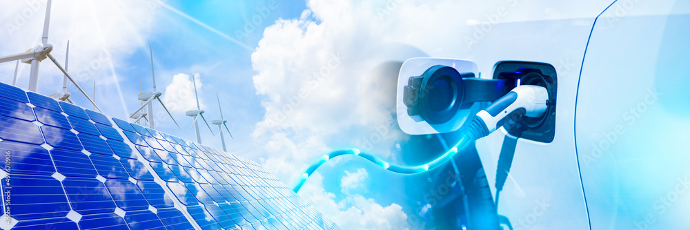 EV charging station for electric car concept.solar cell plant and wind ...