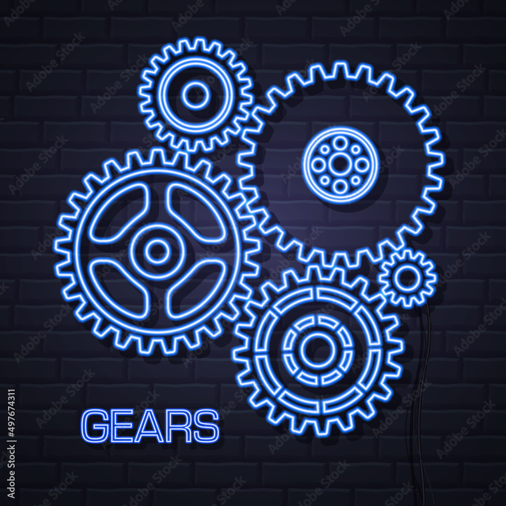 Group of neon gears on dark brick background. Neon Cog icon design ...
