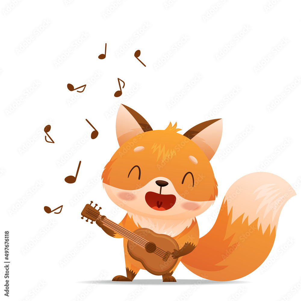 Baby fox plays the guitar and sings. Notes are flying around. Drawn in ...