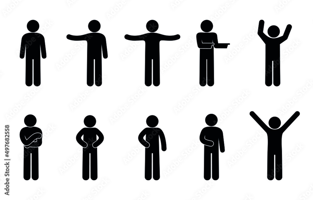 stickman set, hand gestures and poses, stick figure human silhouette ...