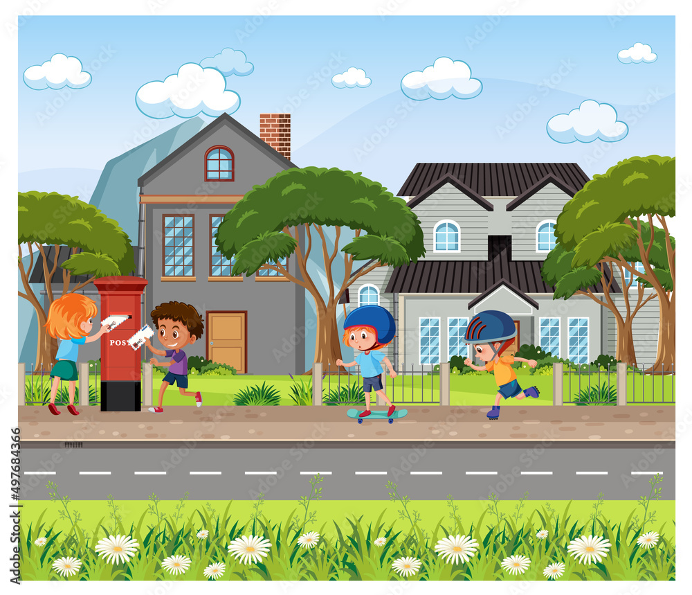 Outdoor street scene with cartoon character Stock Vector | Adobe Stock