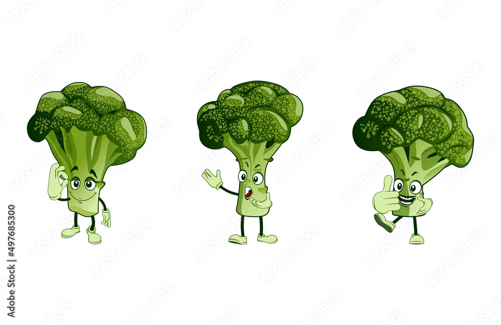 Broccoli cartoon characters with multiple facial expressions, isolated background vector ...
