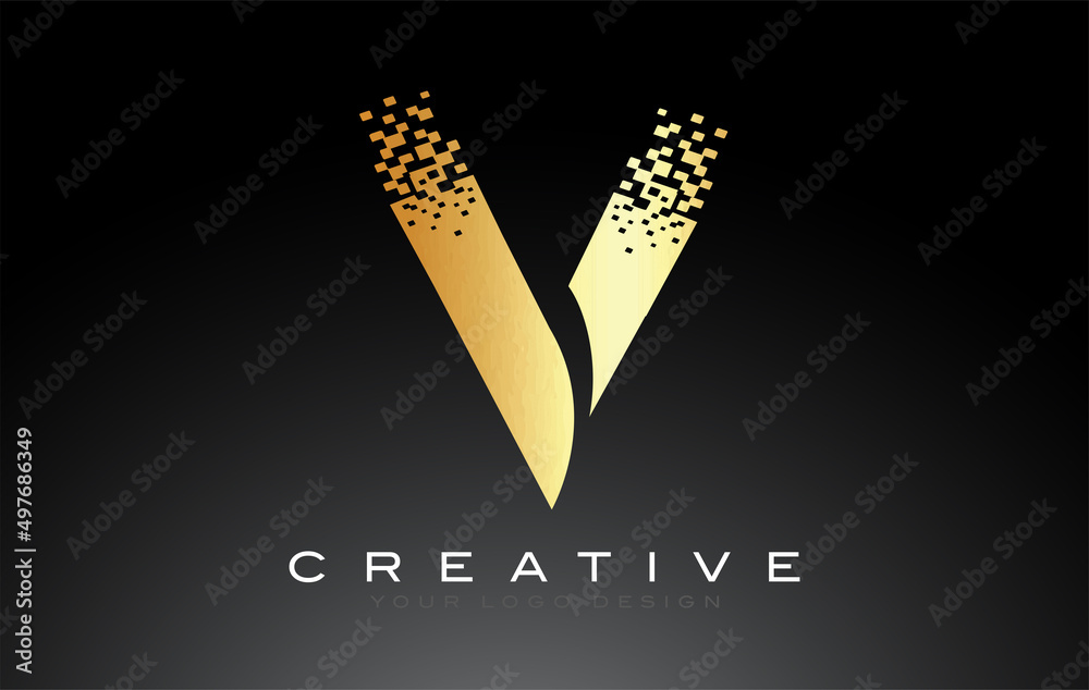 V Initial Letter Logo Design with Digital Pixels in Golden Colors ...