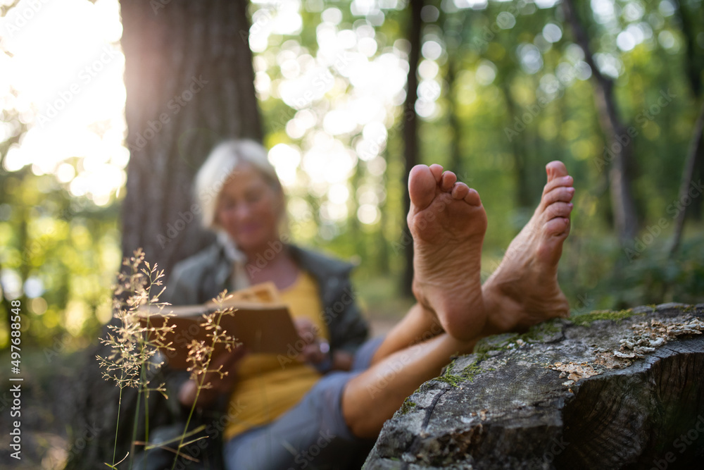 Senior woman relaxing and reading book outdoors in forest. Stock Photo ...