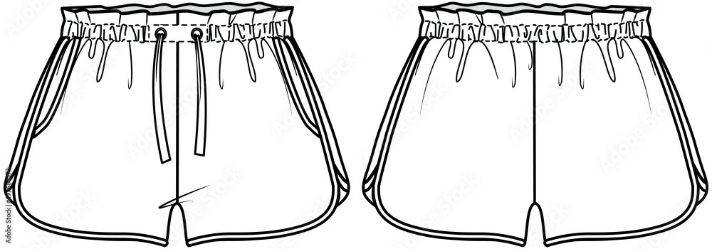 Board shorts, surf shorts, swim shorts fashion flat sketch front and ...