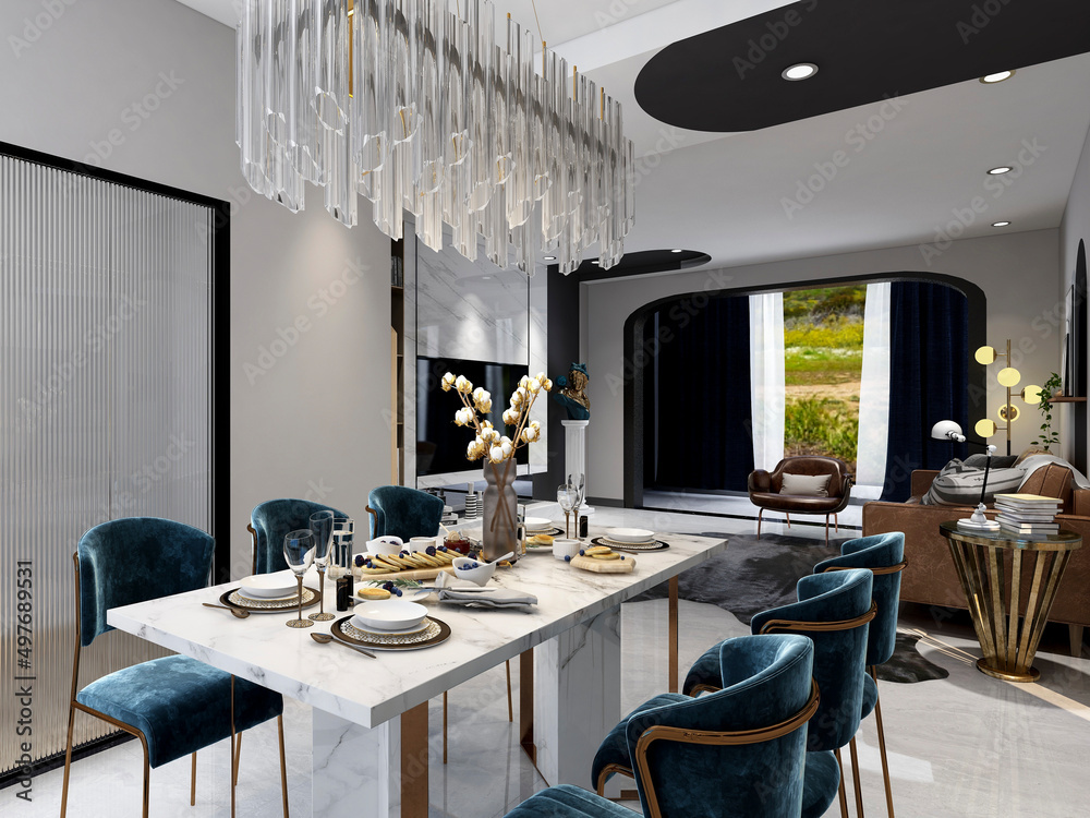 3D rendering, spacious dining room design next to the modern kitchen ...