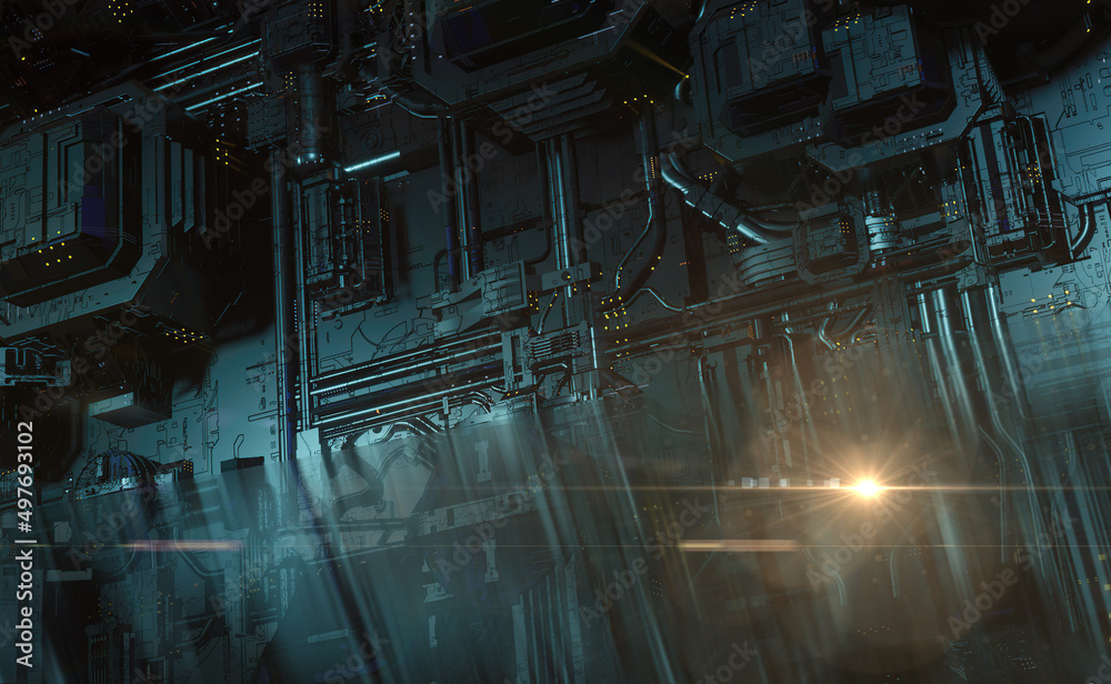 3d illustration - Model of alien sci-fi city with optical flares and ...