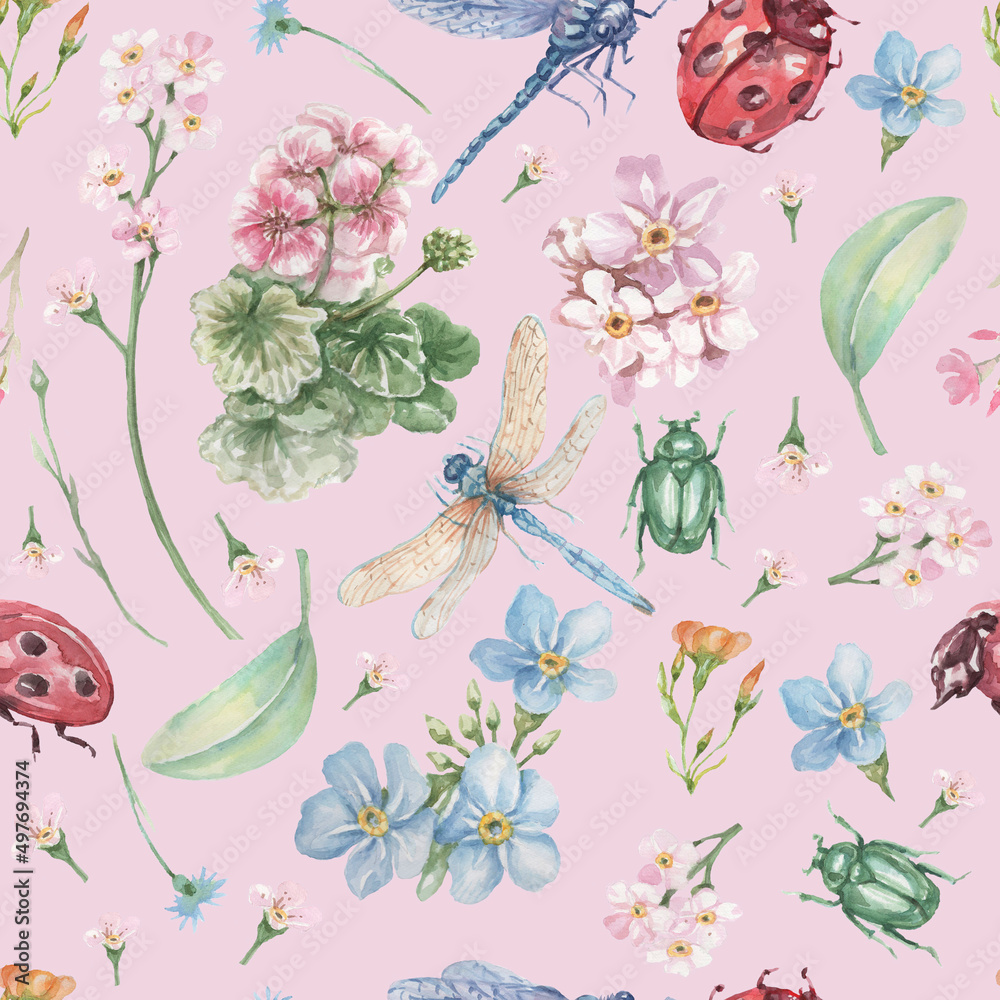 dragonfly beetle ladybug insects and flowers geranium and forget-me ...