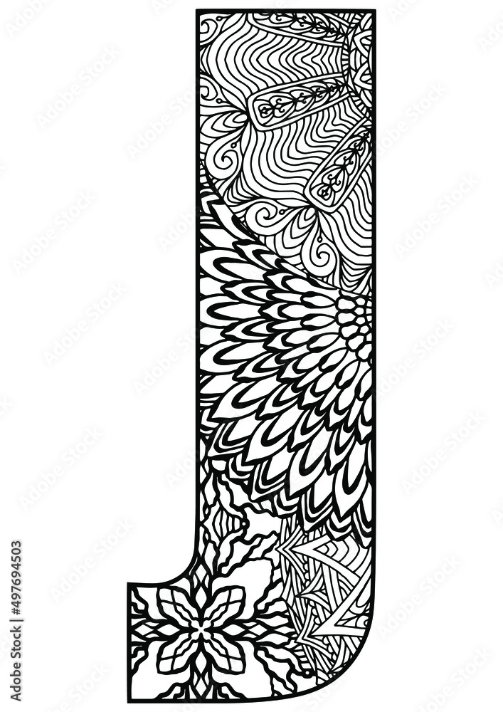 capital letter J decorated with mandalas and geometric figures on a ...