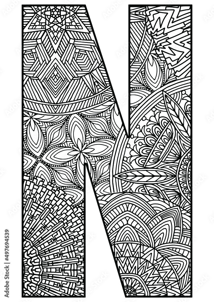 capital letter N decorated with mandalas and geometric figures on a ...
