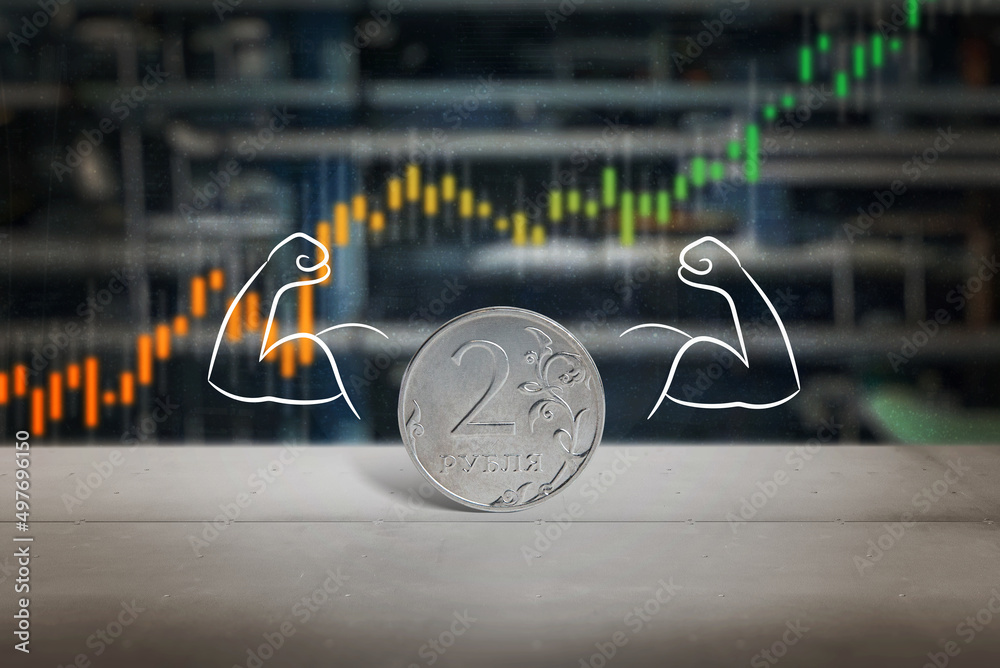 Coin of Russian ruble with hands and muscles concept. Strengthening and ...