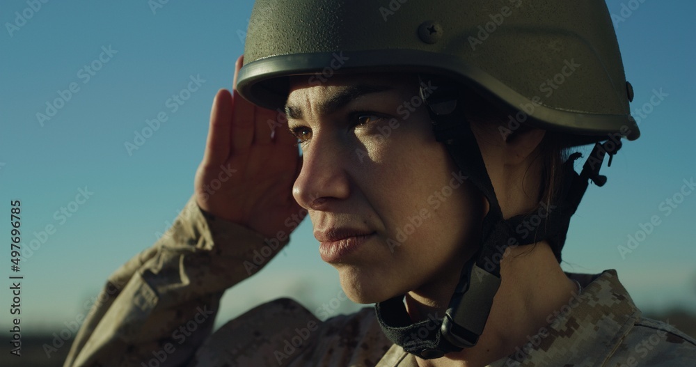 Cinematic close up shot of young serious determined responsible female ...