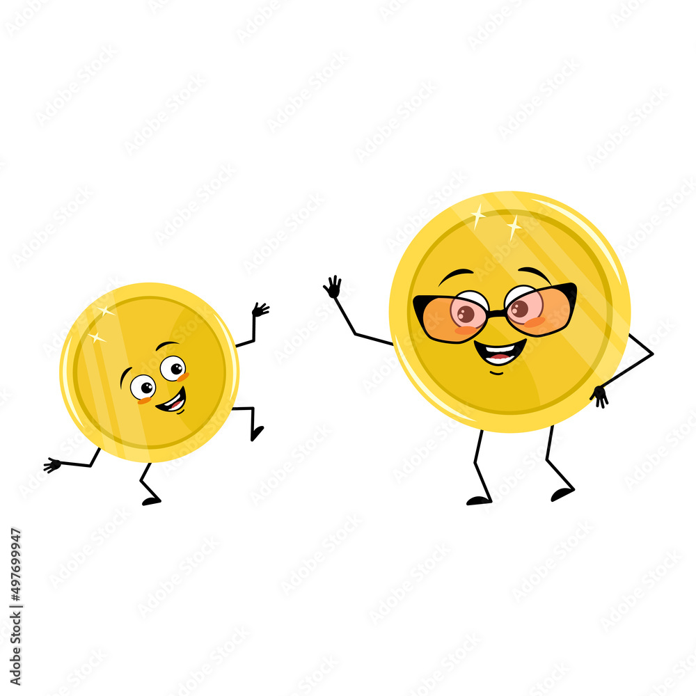 Cute golden coin character with glasses and grandson dancing character ...