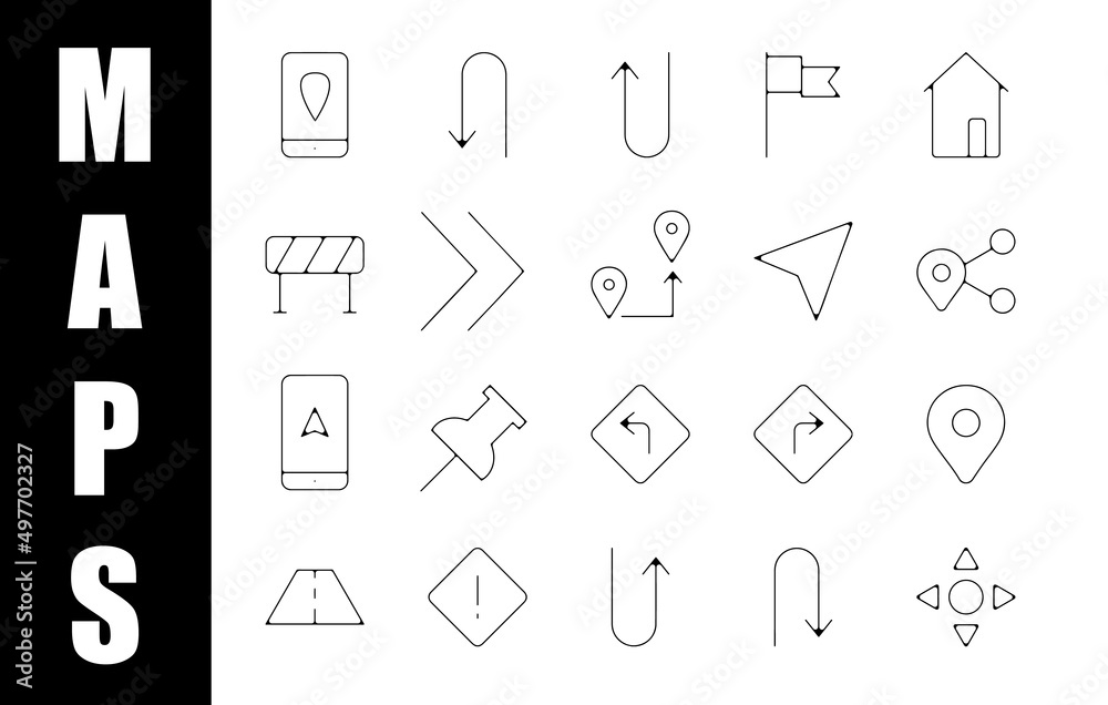 planche pictogramme icones et logos maps carte Stock-Vektorgrafik ...