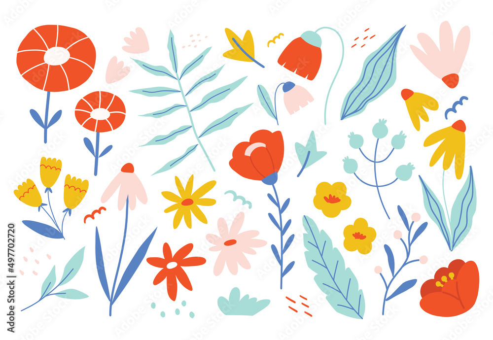 Clipart set with flowers and leaves. Vector floral elements Stock ...