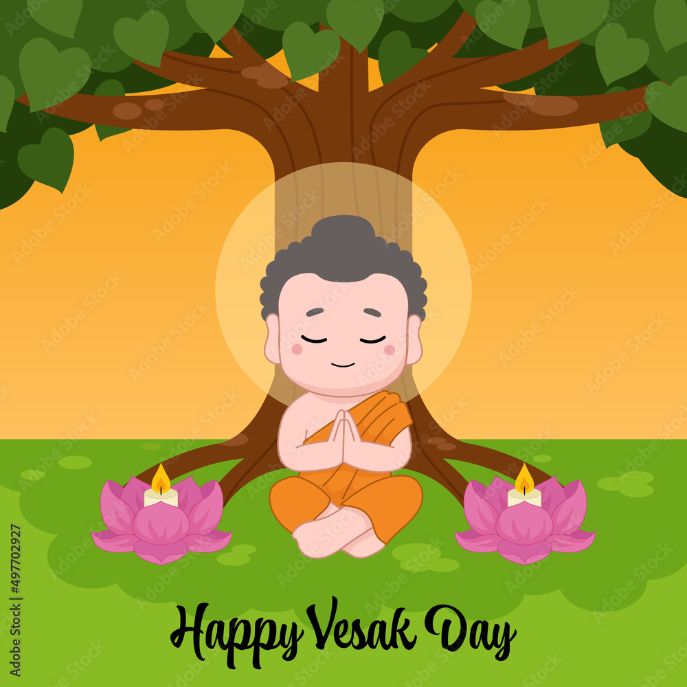 Vetor de Cute Buddha sitting under Bodhi tree. Flat vector cartoon ...