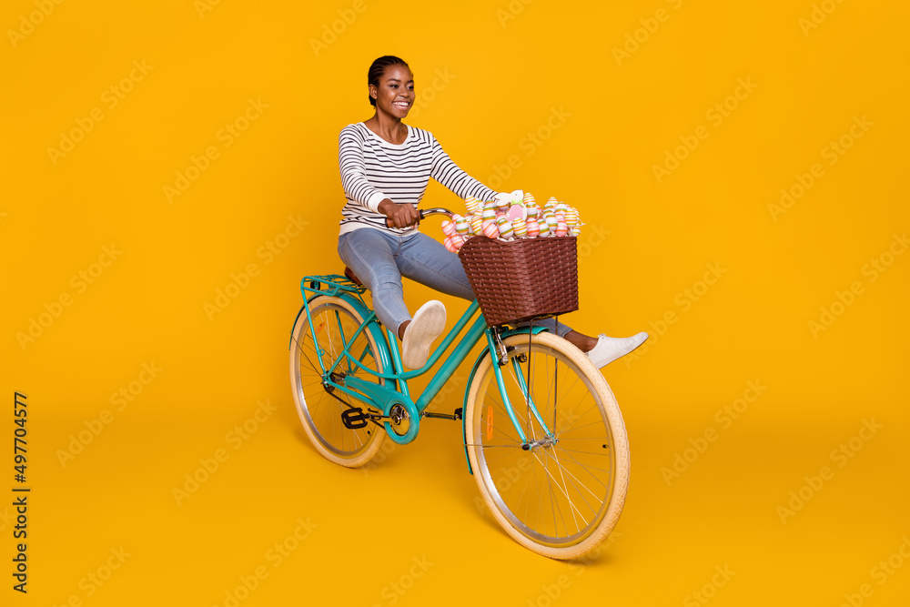 Full body profile side photo of young excited lady have fun riding ...