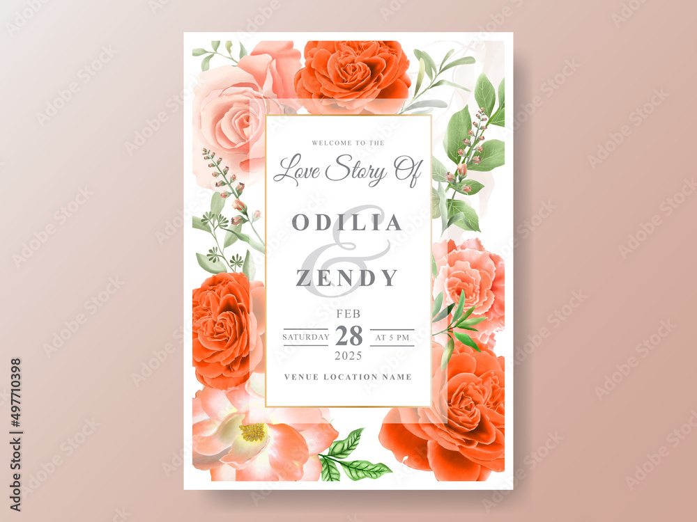 Beautiful orange flowers wedding invitation card template Stock Vector ...